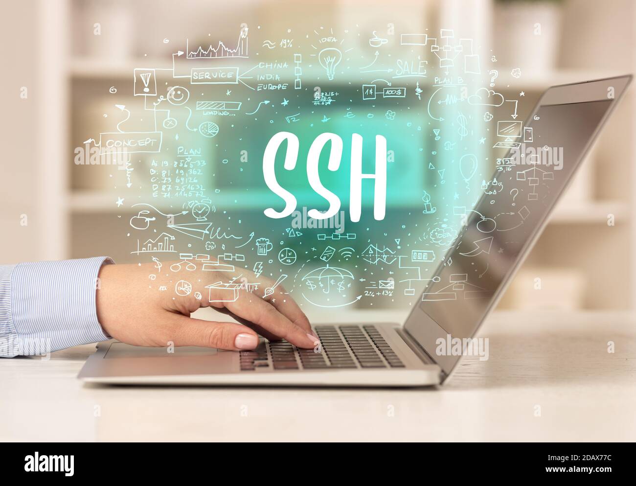 hand working on new modern computer with SSH abbreviation, modern ...