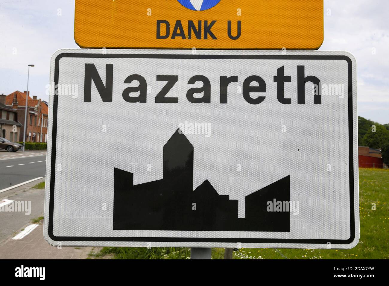 Illustration shows the name of the Nazareth municipality on a road sign ...