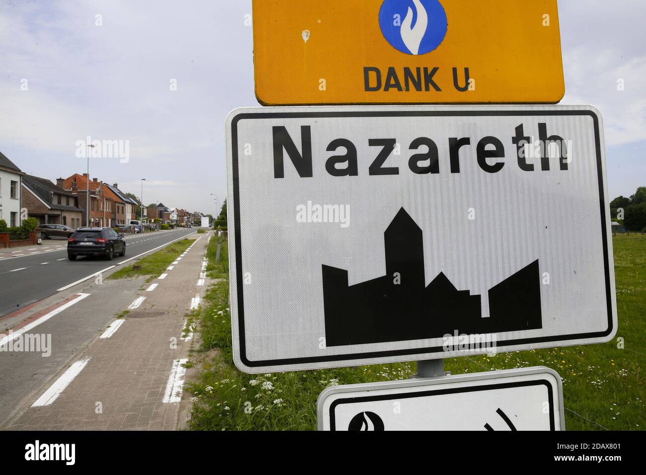 Illustration shows the name of the Nazareth municipality on a road sign ...
