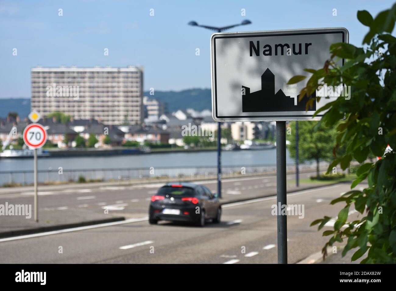 Illustration shows the name of the Namur municipality on a road sign ...