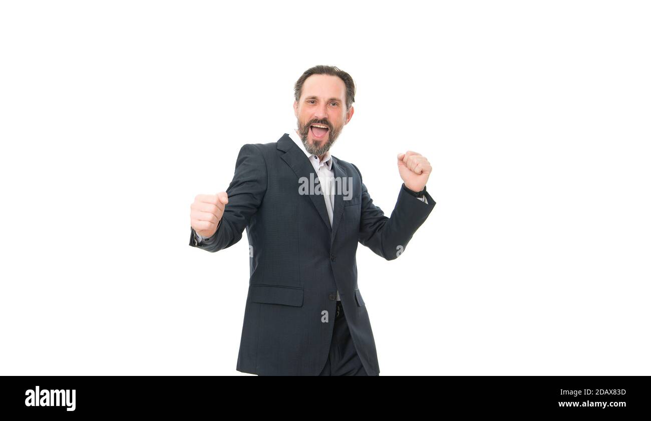 Yay me. Happy businessman isolated on white. Bearded man celebrate ...