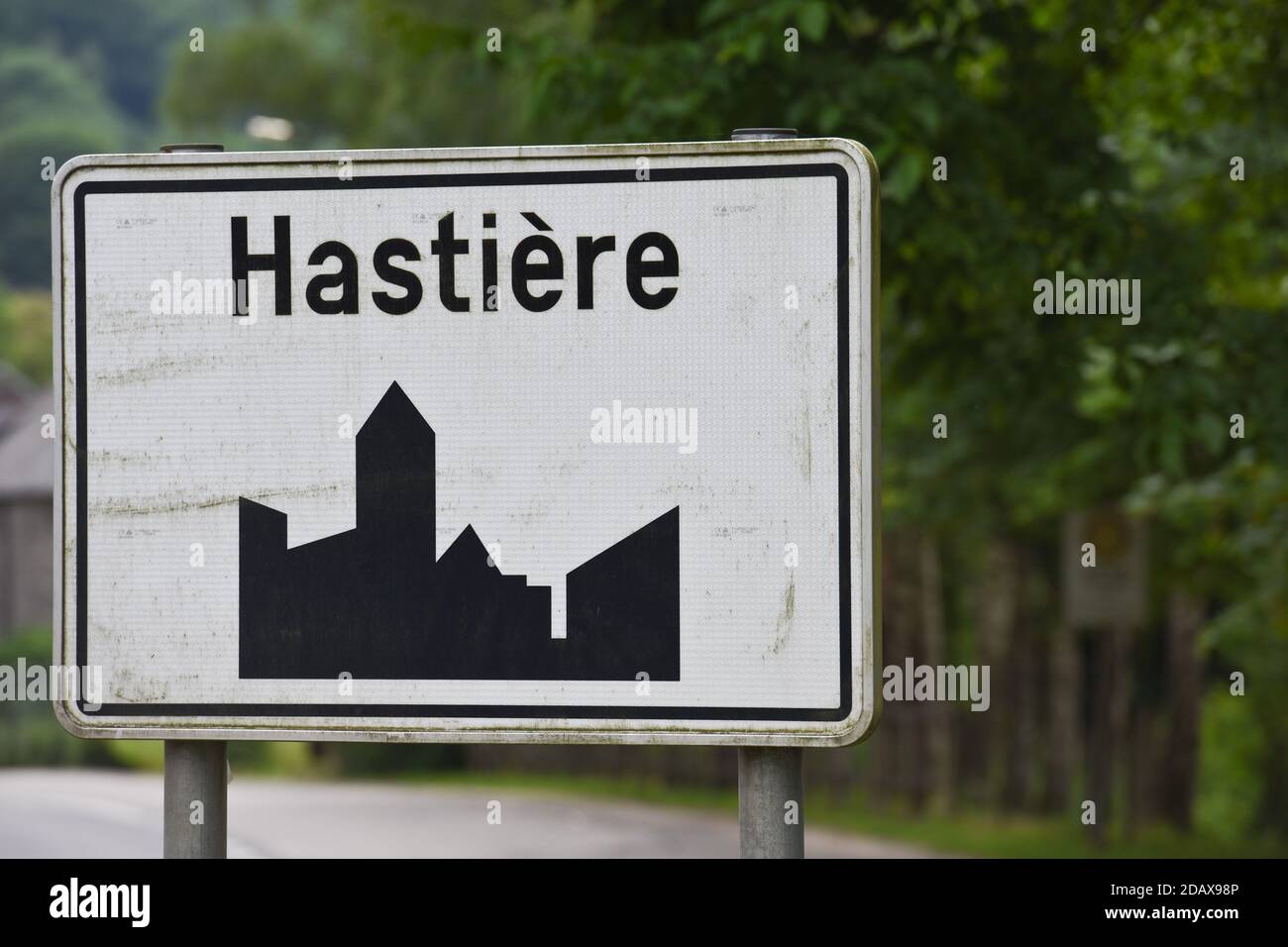 Illustration shows the name of the Hastiere municipality on a road sign ...