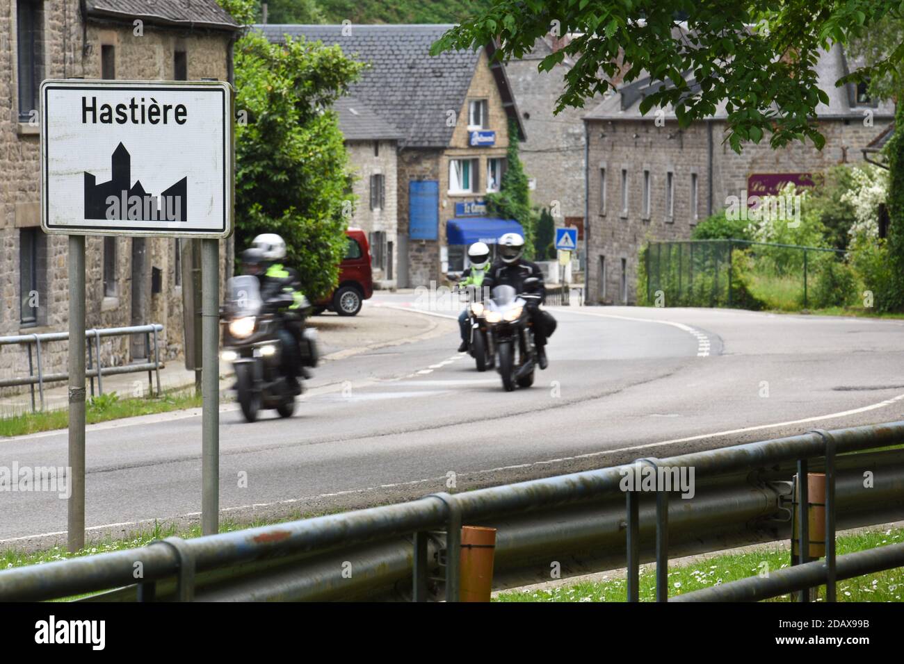 Illustration shows the name of the Hastiere municipality on a road sign ...