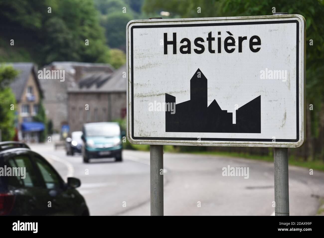 Illustration shows the name of the Hastiere municipality on a road sign ...
