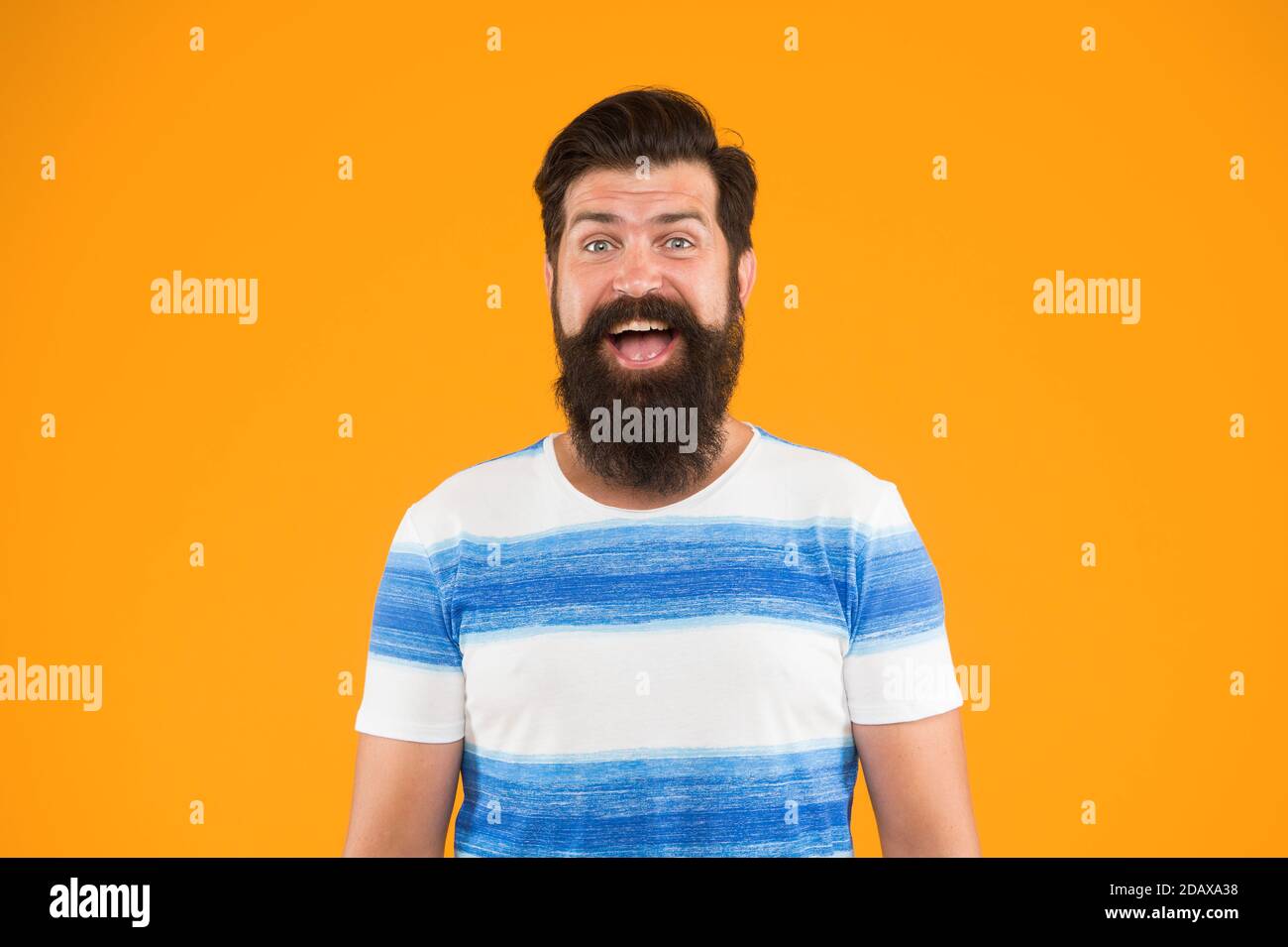 Guy dressed striped shirt on summer vacation. Barbershop concept. Man ...