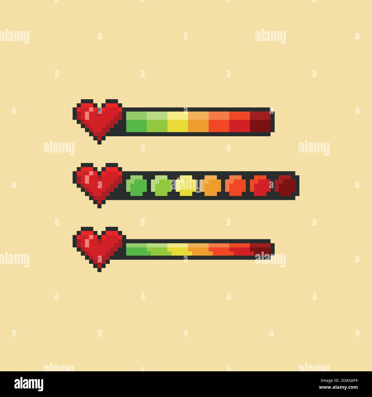 Pixel art vector illustration set - red heart and health bar color indicator, 8 bit game design ...
