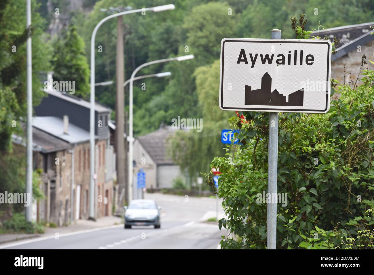 Illustration shows the name of the Aywaille municipality on a road sign ...