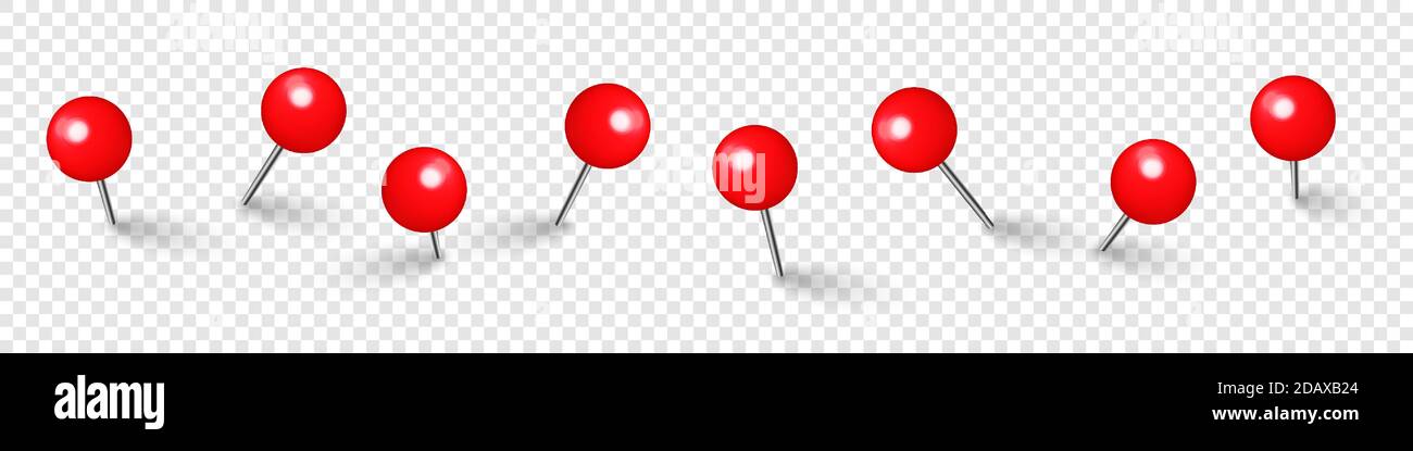 Realistic red push pins. Board tacks isolated on transparent background ...
