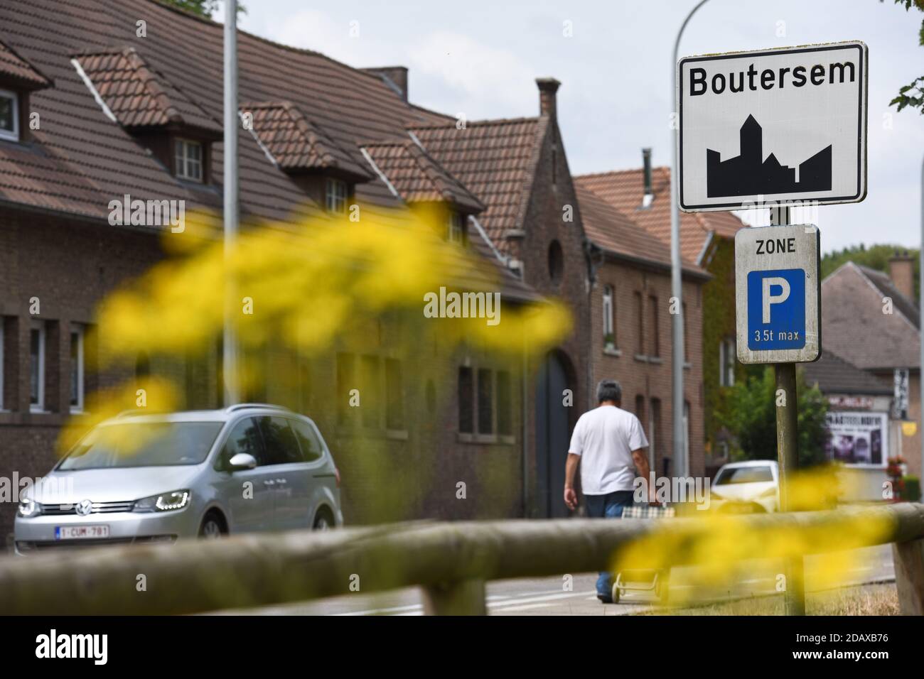 Illustration shows the name of the Boutersem municipality on a road ...
