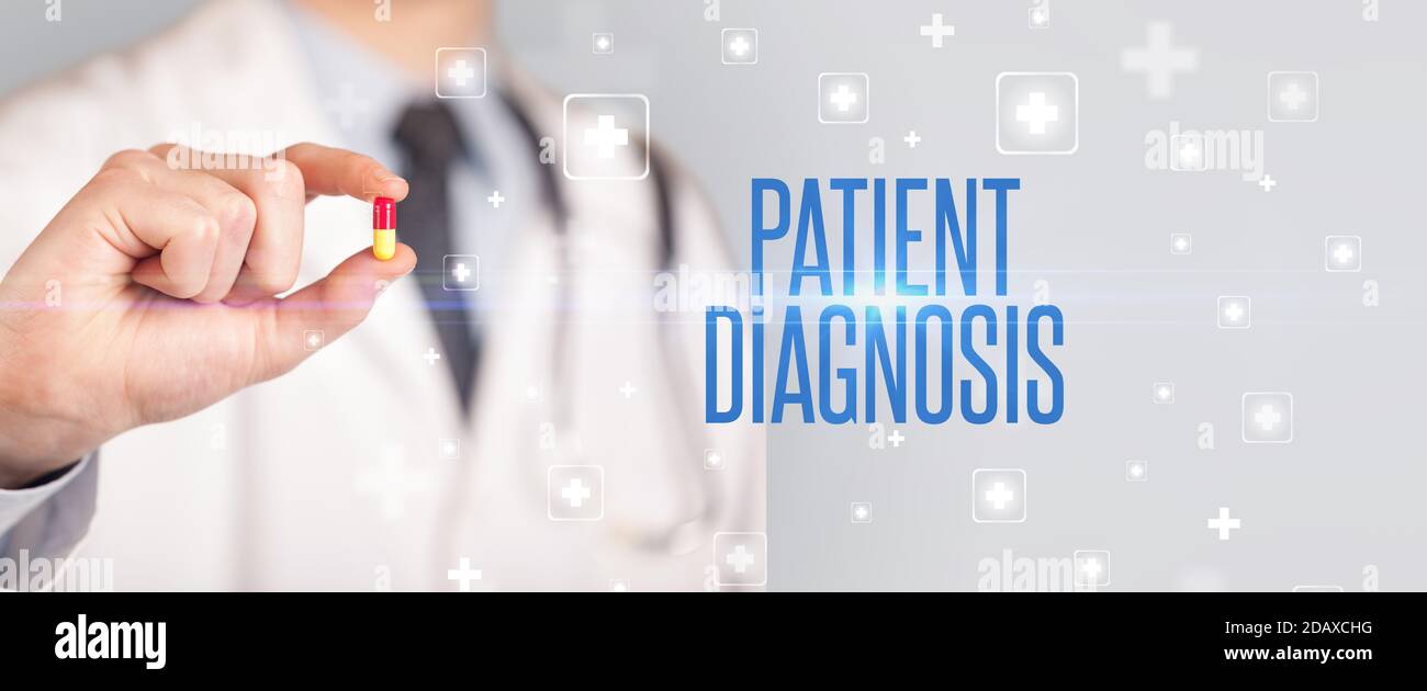 Close-up of a doctor giving a pill with PATIENT DIAGNOSIS inscription ...