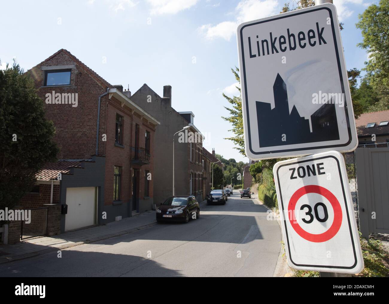 Illustration shows the name of the Linkebeek municipality on a road ...