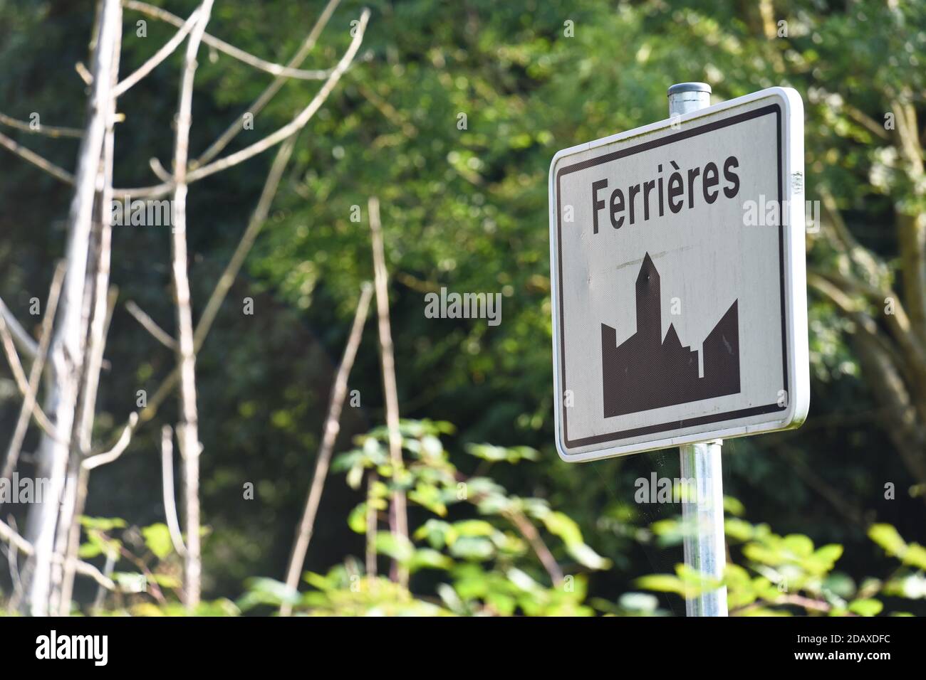 Illustration shows the name of the Ferrieres municipality on a road ...