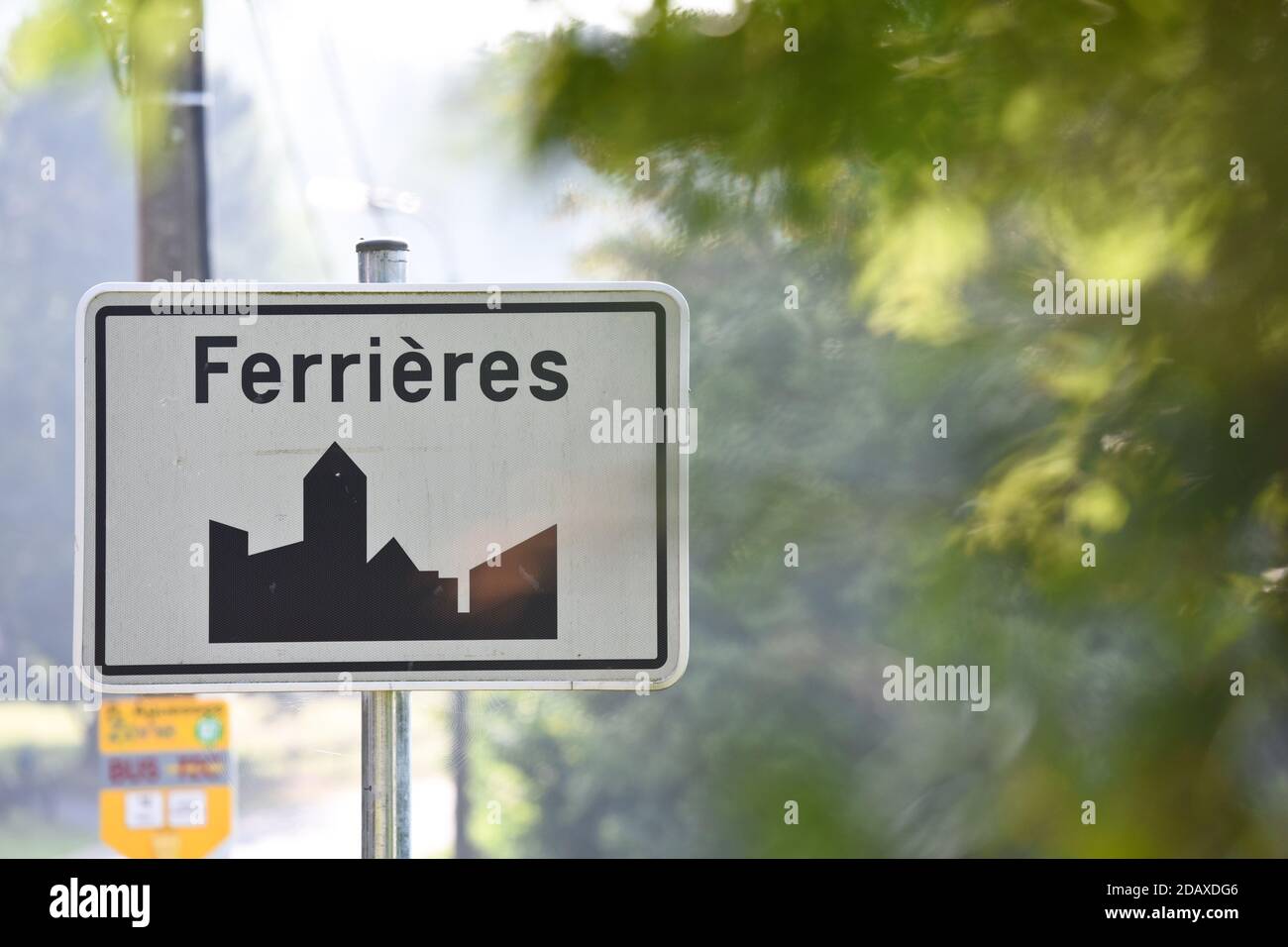 Illustration shows the name of the Ferrieres municipality on a road ...