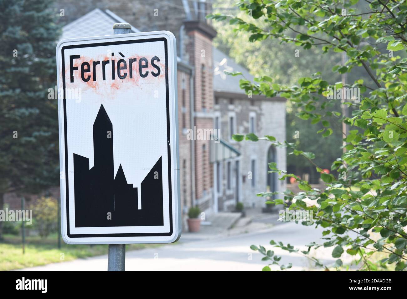Illustration shows the name of the Ferrieres municipality on a road ...