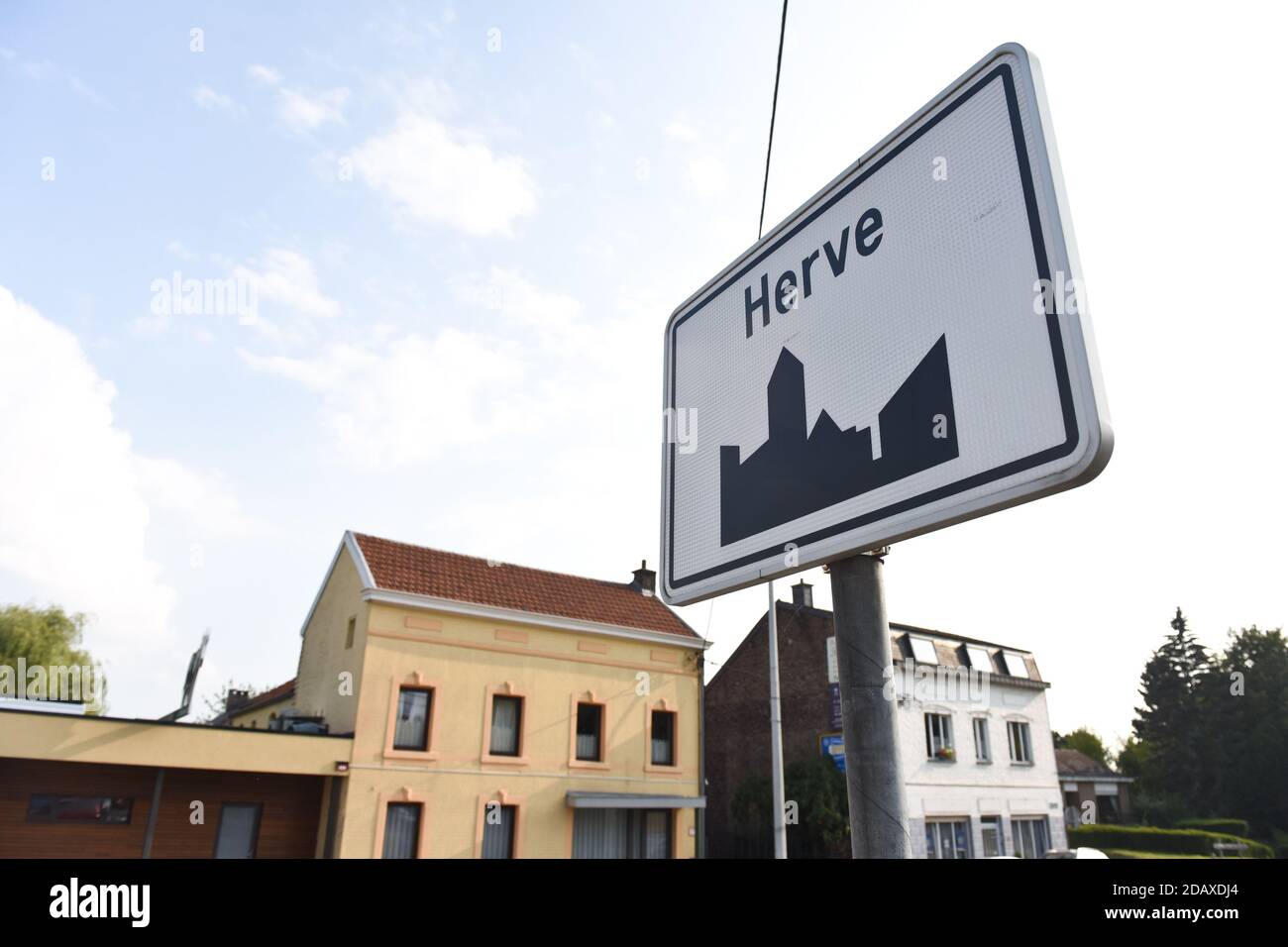 Illustration shows the name of the Herve municipality on a road sign ...