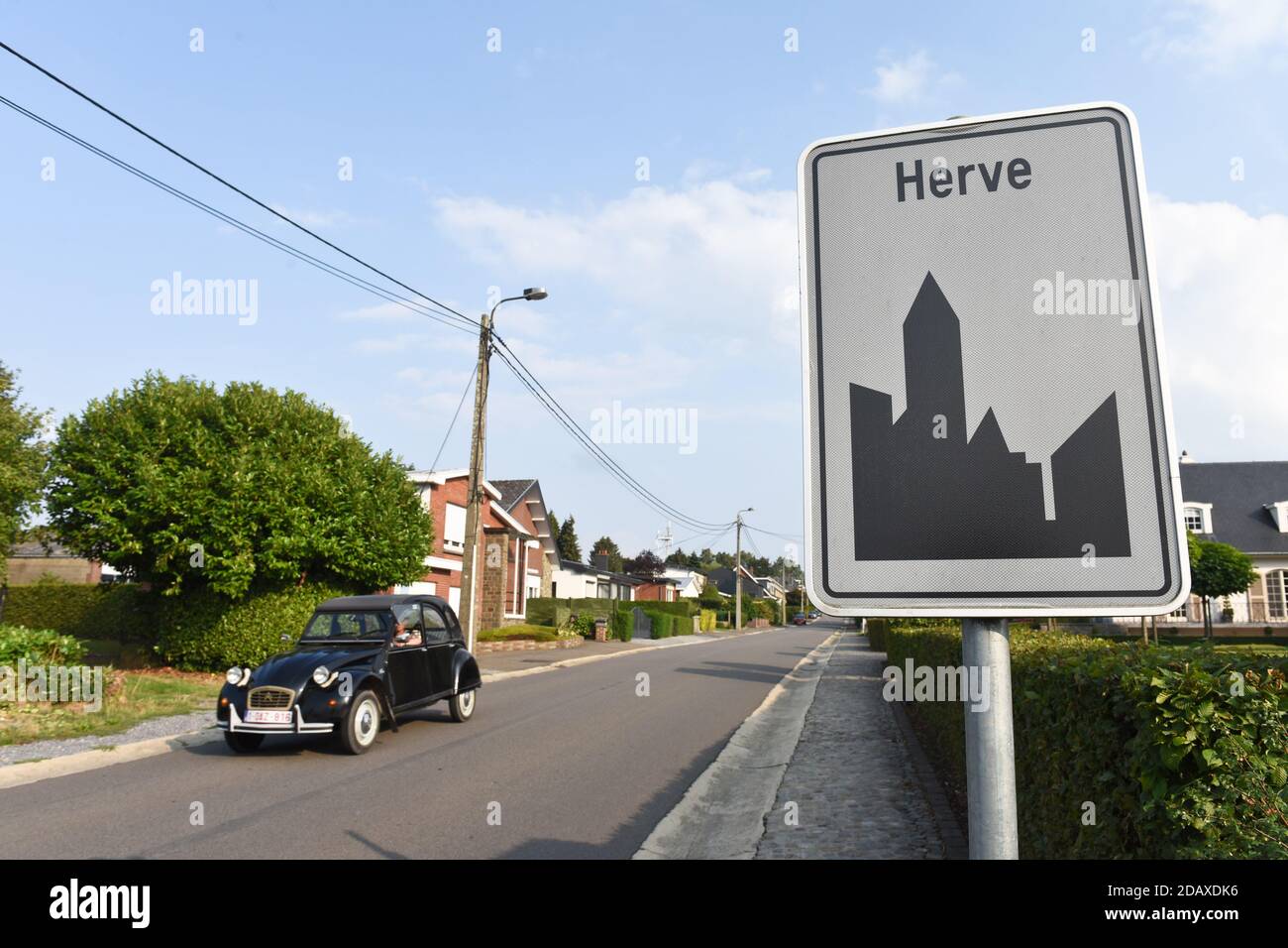 Illustration shows the name of the Herve municipality on a road sign ...