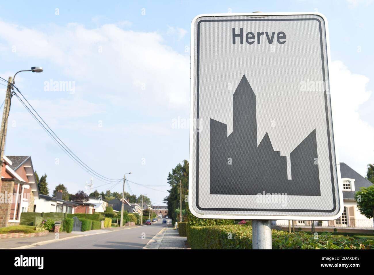Illustration shows the name of the Herve municipality on a road sign ...