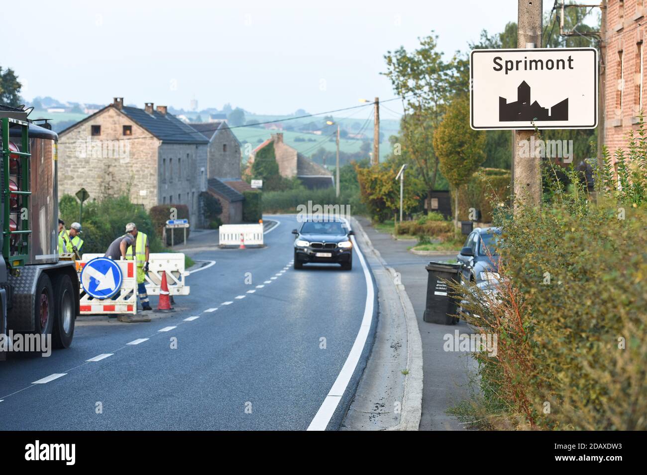 Illustration shows the name of the Sprimont municipality on a road sign ...