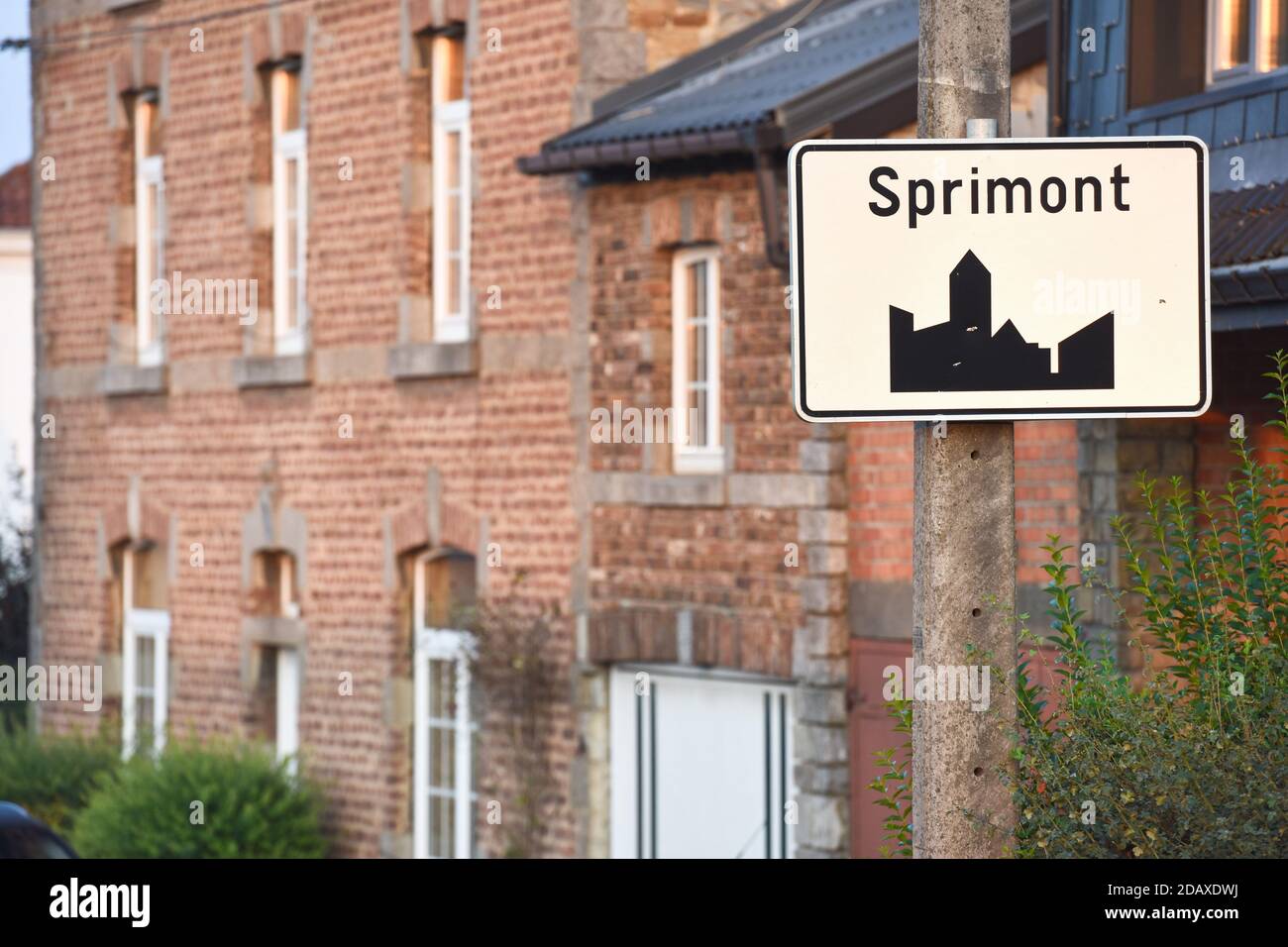 Illustration shows the name of the Sprimont municipality on a road sign ...