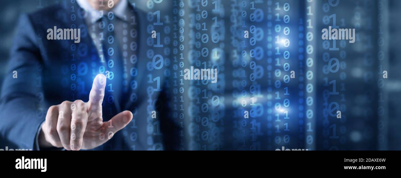 Big data statistics and business analytics concept. Binary code Information on virtual screen ...
