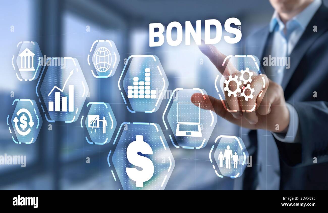 Corporate Bonds concept. Man presses his finger on the inscription ...