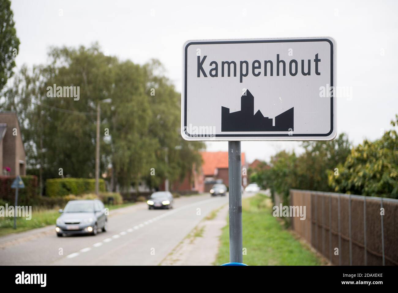 Illustration shows the name of the Kampenhout municipality on a road ...