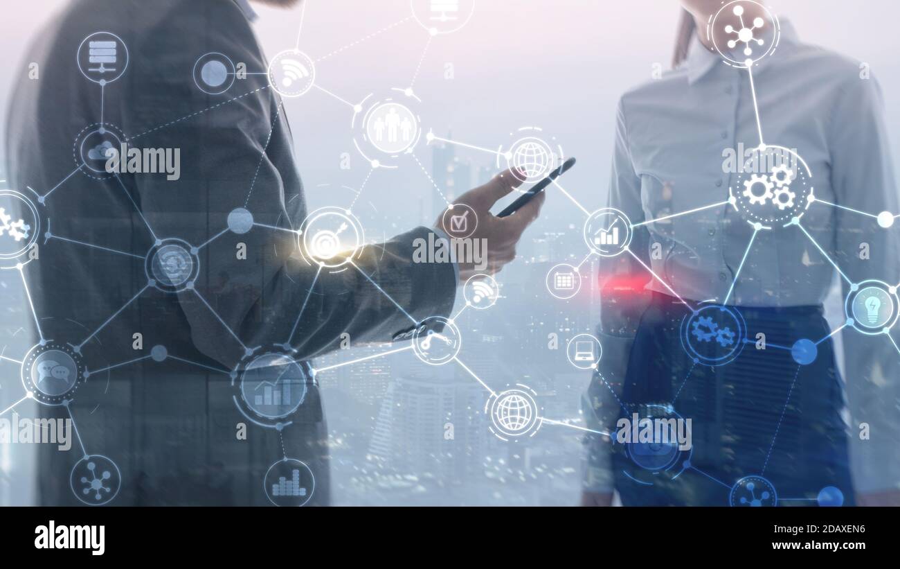 Internet of thing technology automation smart industry. Icons on modern ...