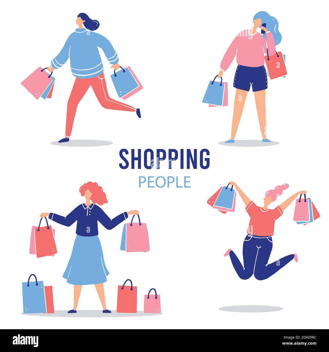 Set of shopping cartoon woman for sale, discount, buyer, customer ...