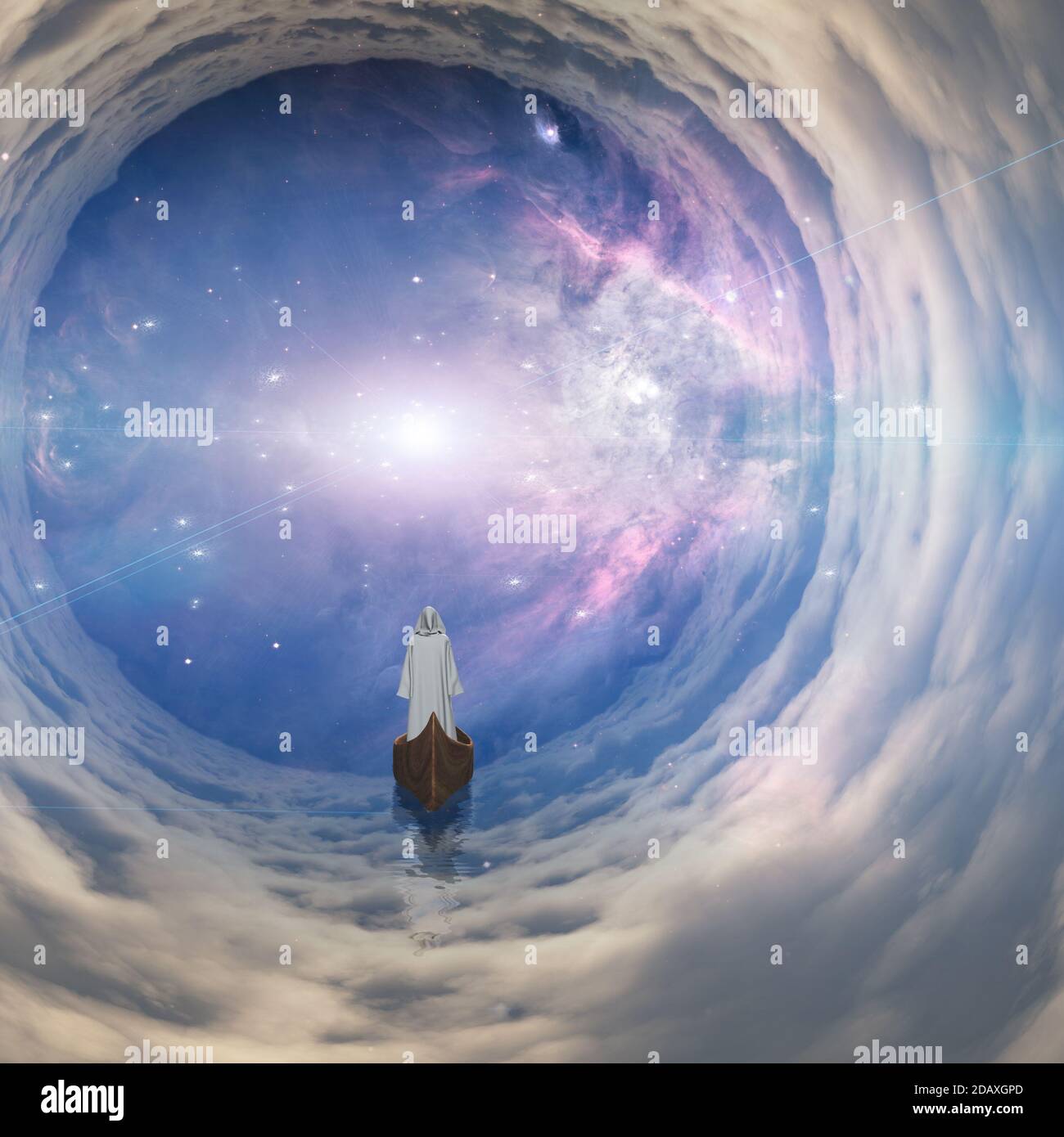 Man in white robe floating in boat in space. 3D rendering Stock Photo ...