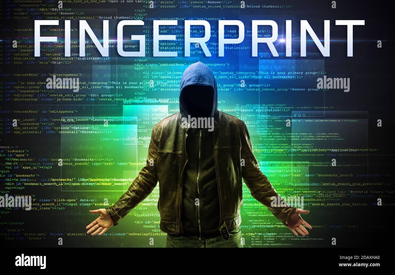 Faceless hacker with FINGERPRINT inscription on a binary code ...