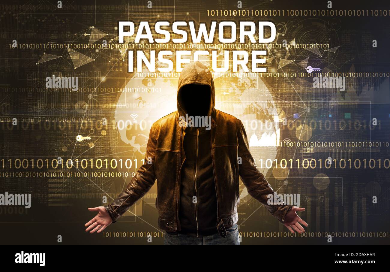 Faceless hacker at work with PASSWORD INSECURE inscription, Computer ...