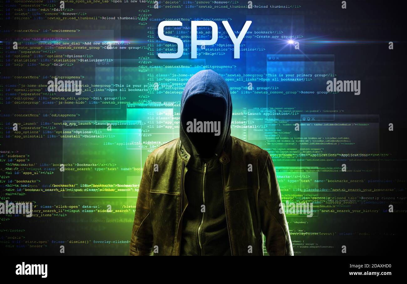 Faceless hacker with SPY inscription on a binary code background Stock ...