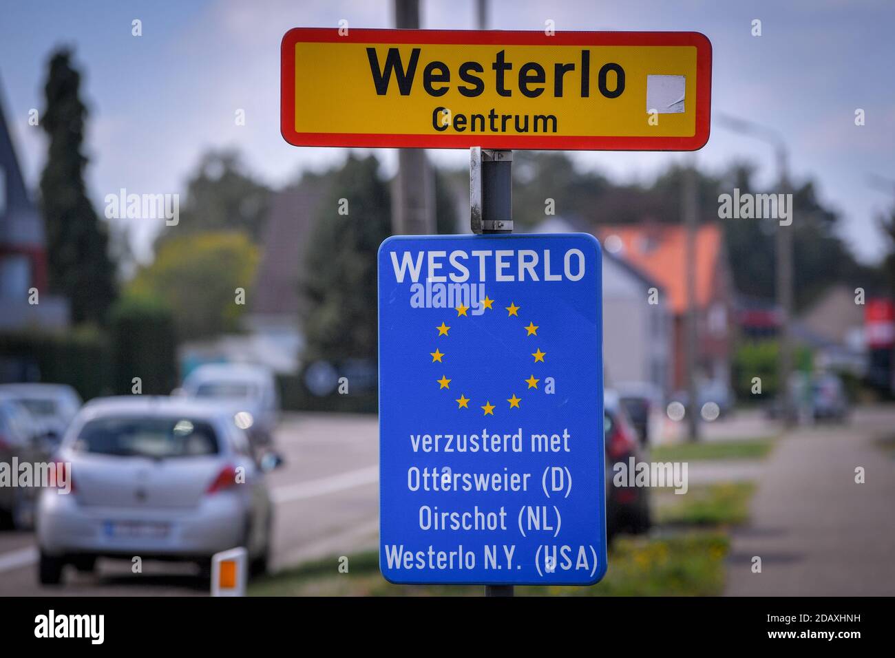 Illustration shows the name of the Westerlo municipality on a road sign ...