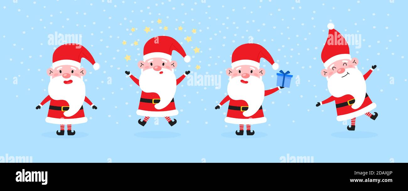 Cute Santa Clauses with big ears and nose set on blue snowy background ...