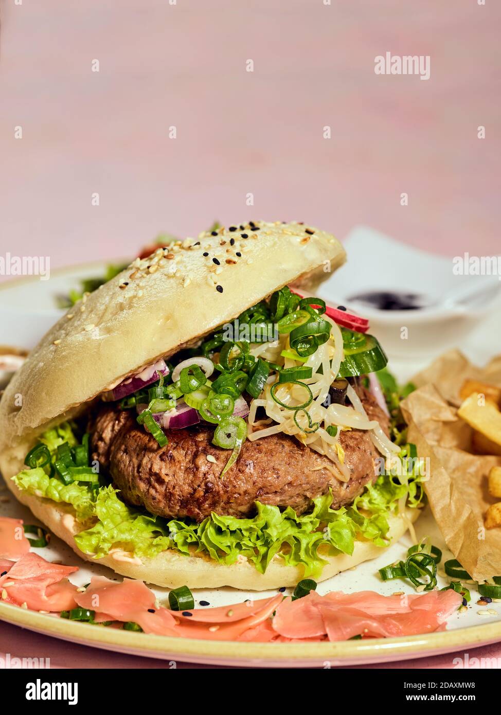Japanese wagyu beef burger plate with Japanese fries and greens. Gohan ...