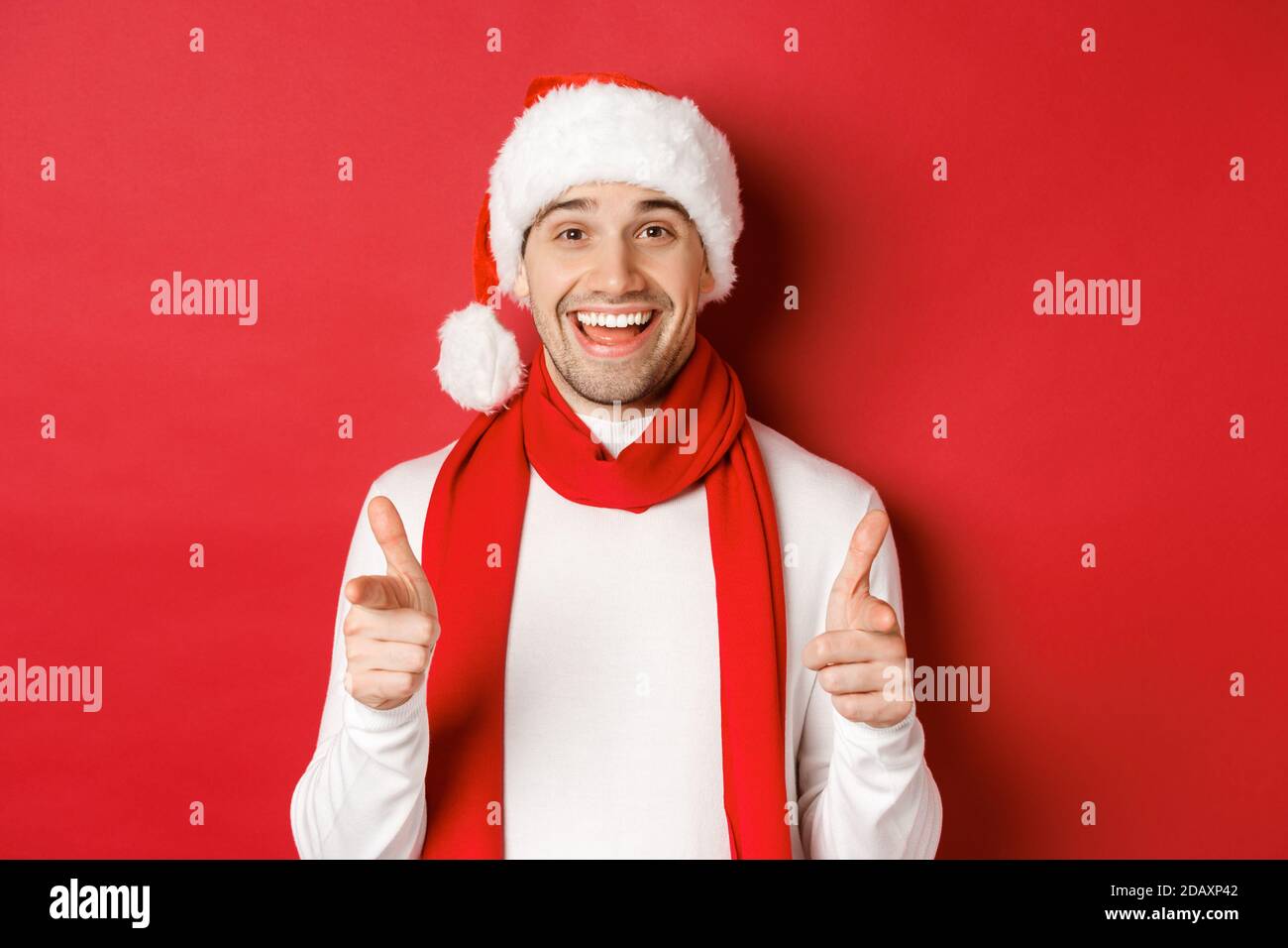 Concept of christmas, winter holidays and celebration. Cheeky man in ...