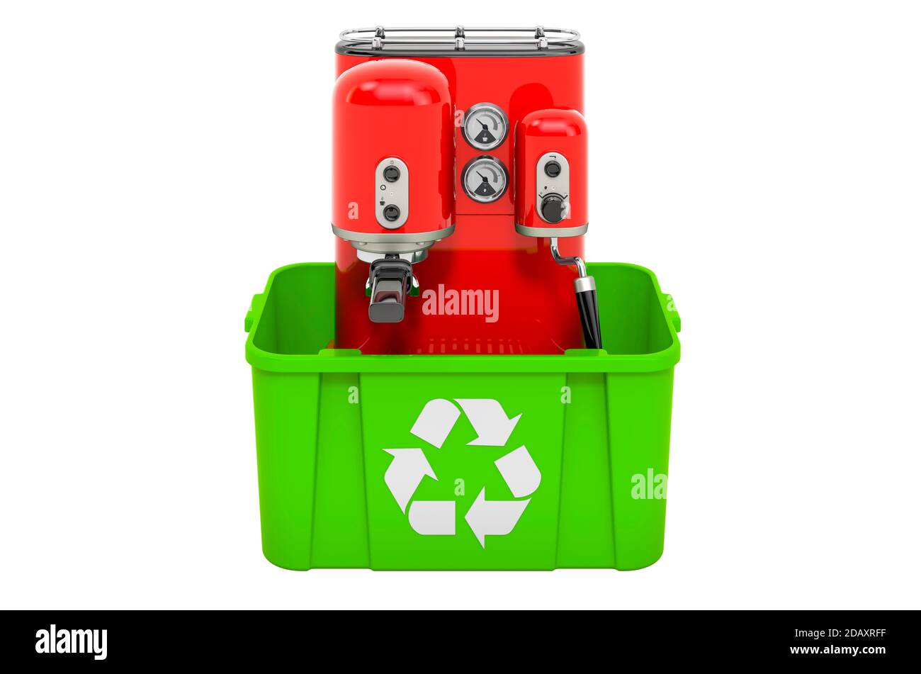 Recycling trashcan with coffee machine retro, 3D rendering isolated on ...