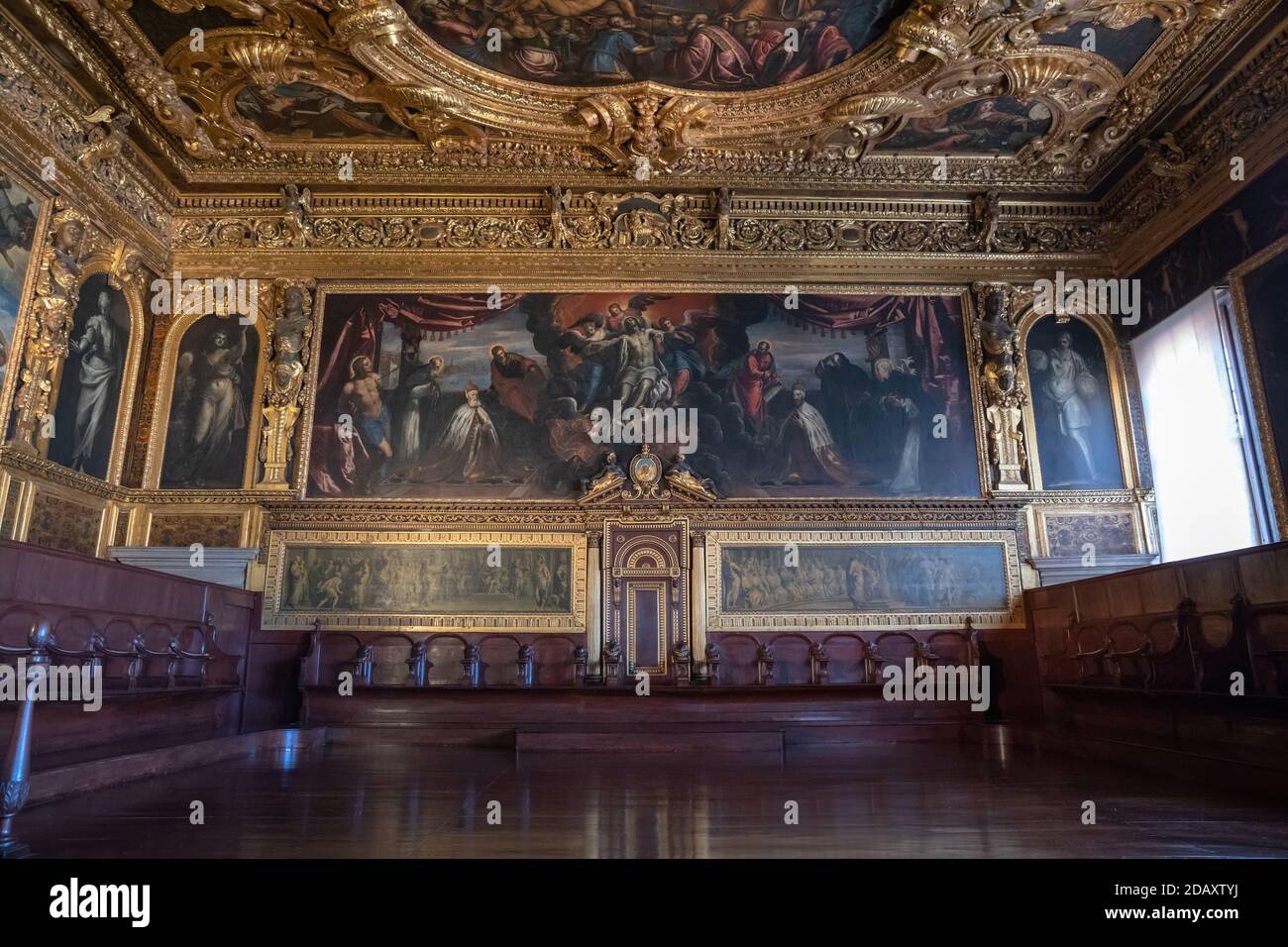 Venice, Italy - June 30, 2018: Panoramic view of hall interior and arts ...