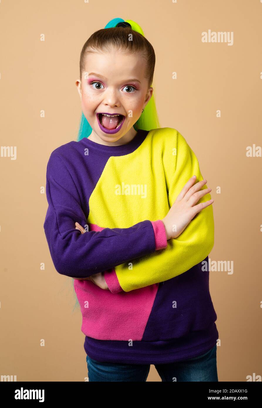 Colorful surprised child. Kids fashion. Funny face Stock Photo - Alamy