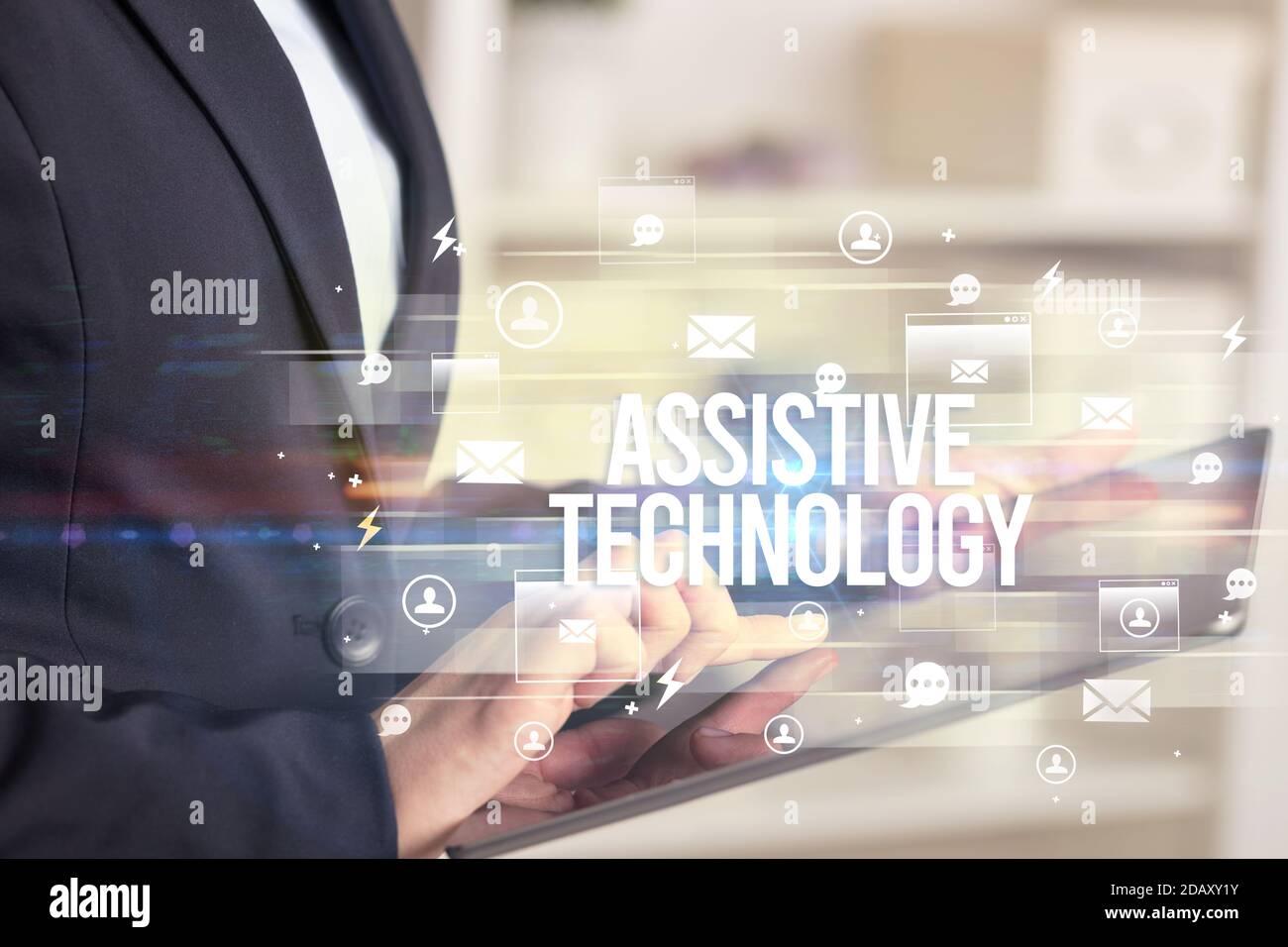 Close-up of a tablet searching ASSISTIVE TECHNOLOGY inscription, modern ...