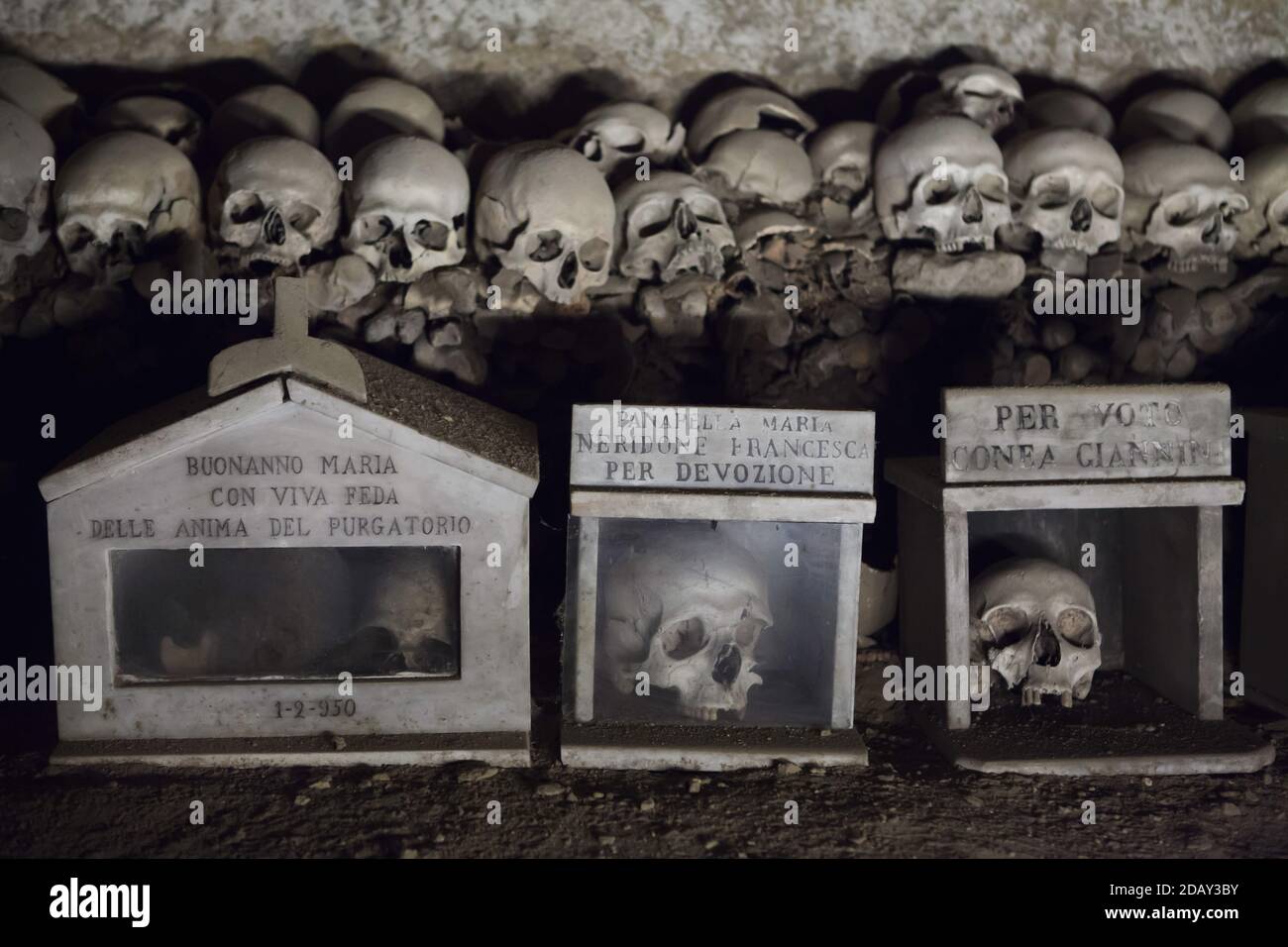 Boxed human skulls at the Fontanelle Cemetery (Cimitero delle ...