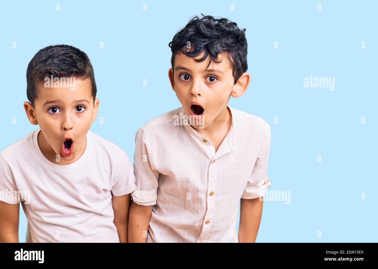Couple of little brothers together wearing casual clothes scared and ...