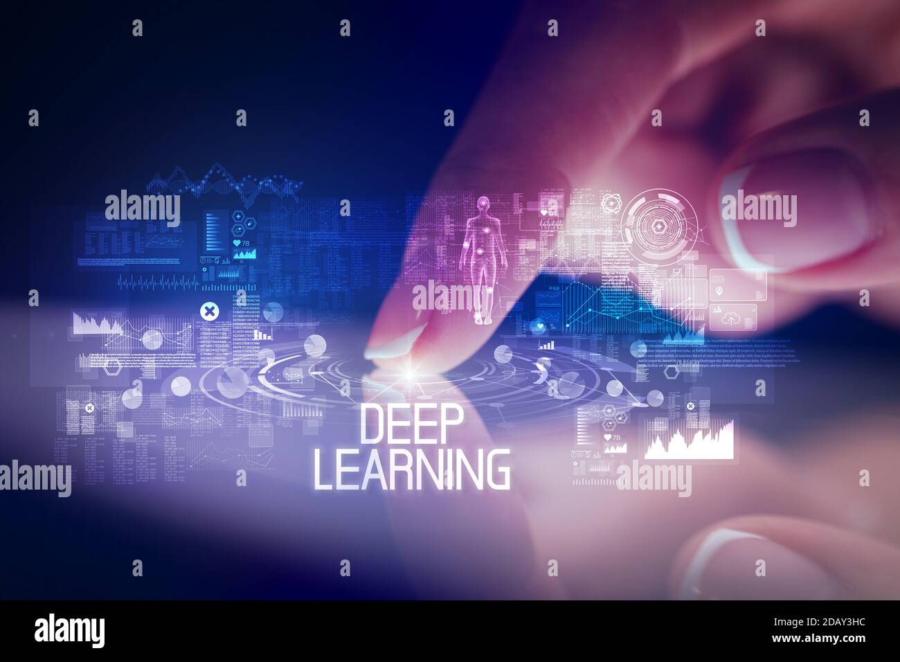 Finger touching tablet with web technology icons and DEEP LEARNING ...