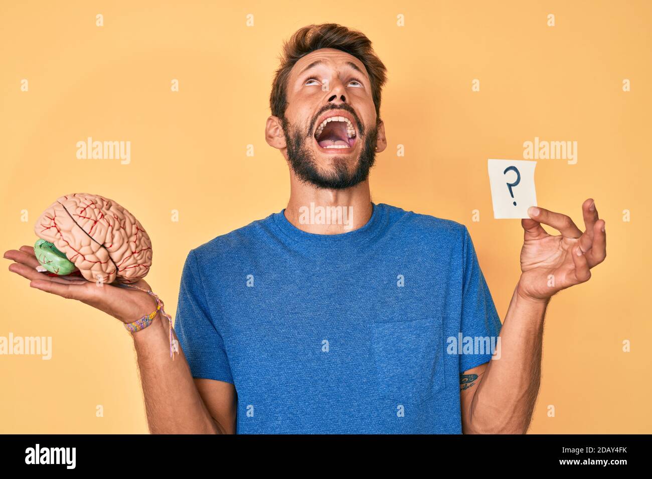 Handsome caucasian man with beard holding brain and question mark angry ...
