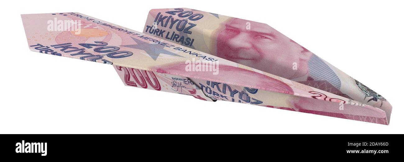 One paper airplane from Turkey's banknote. Paper airplane made from of ...