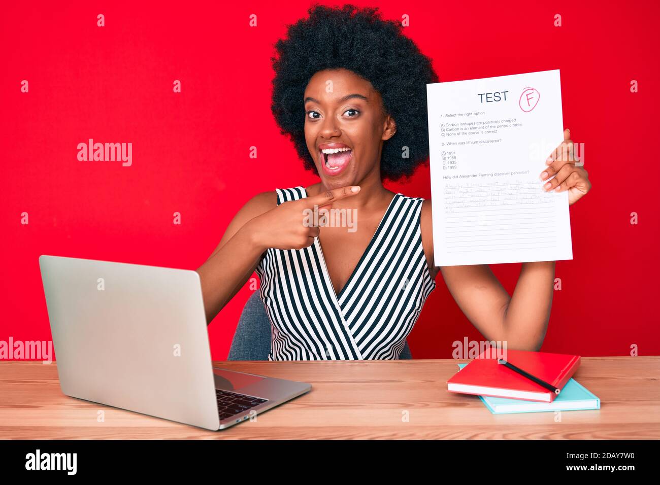 Young african american woman showing a failed exam smiling happy ...