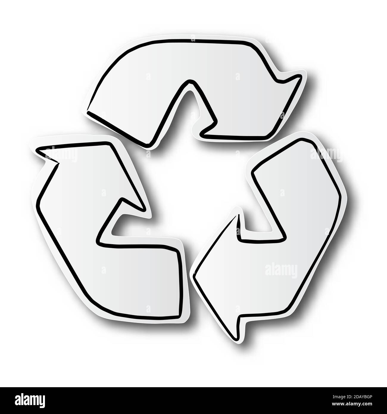 black line hand drawn of recycle sign on cut paper with shadow isolated ...