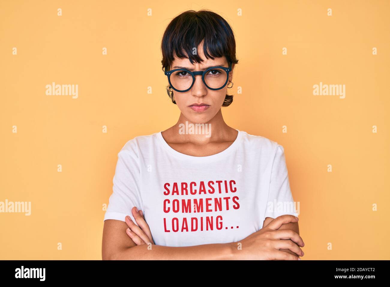 Beautiful brunettte woman wearing sarcastic comments loading t-shirt ...