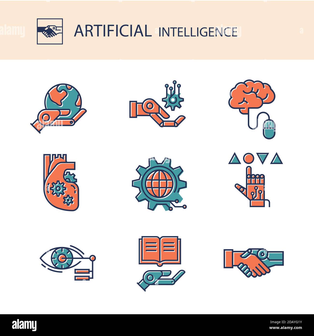 A collection of colored icons of artificial intelligence in a linear ...