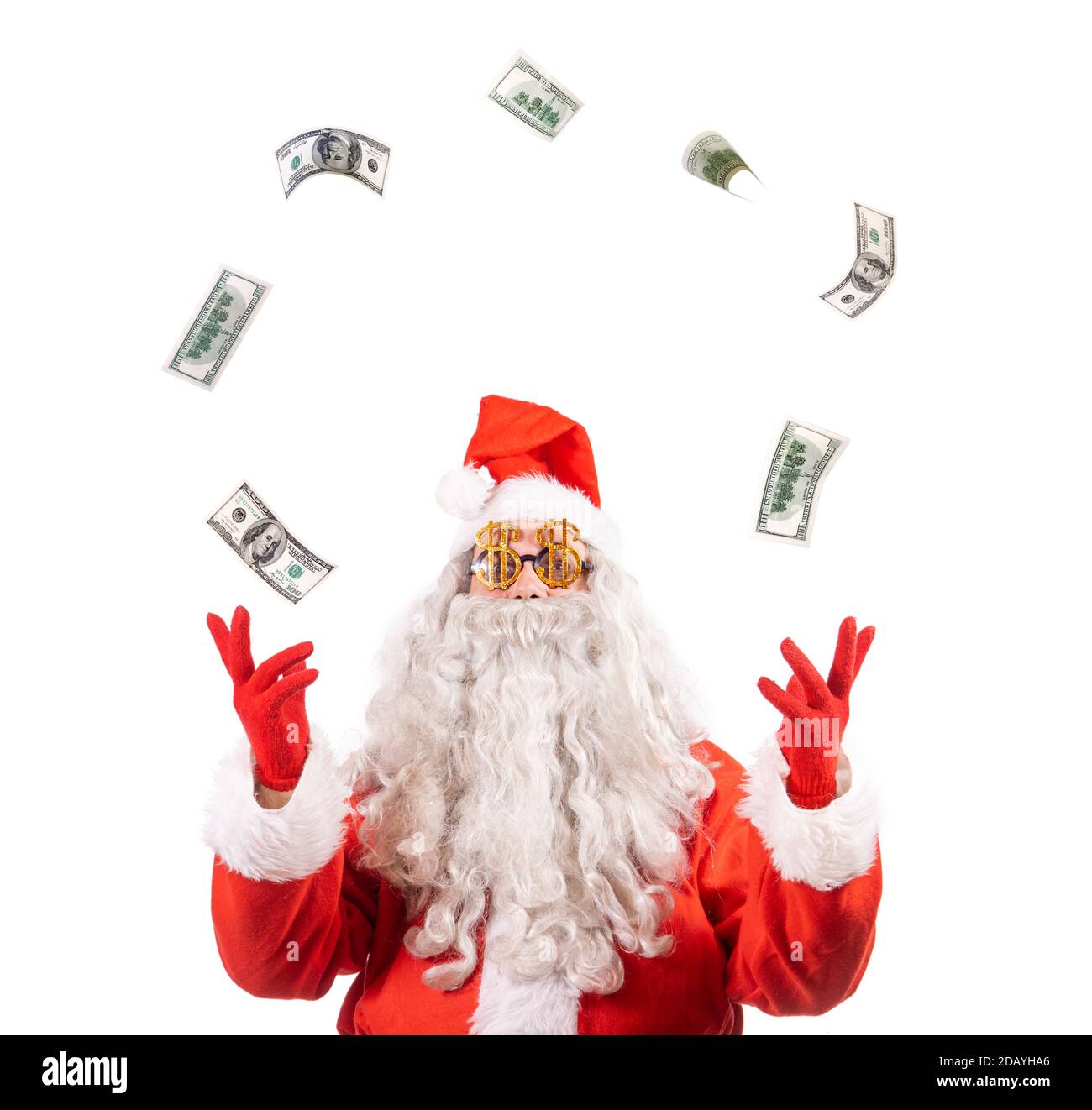 Santa Claus juggles dollar bills. Santa throws money, isolated on a ...